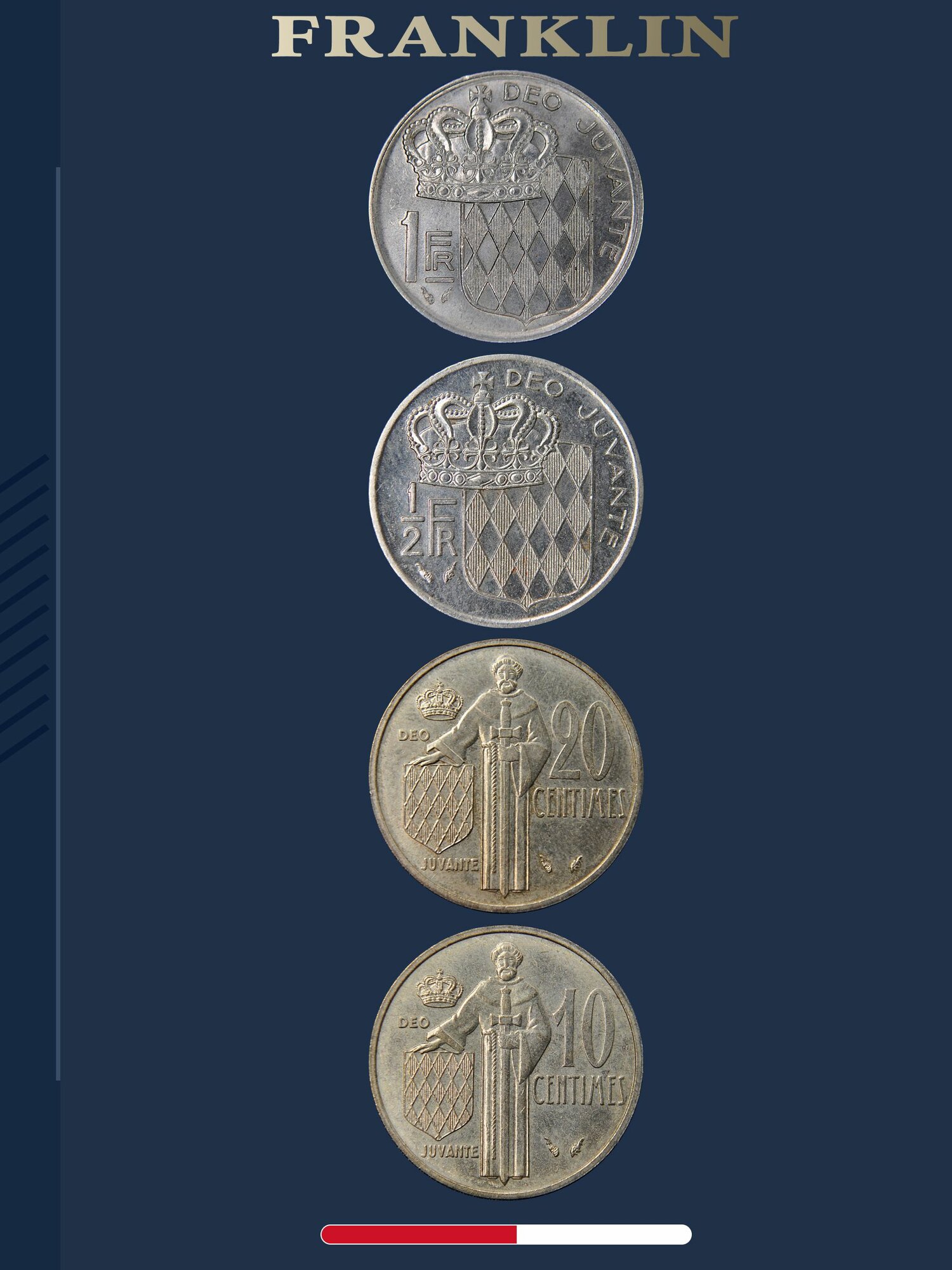 Набор монет Монако 1 франк 1982, 1/2 франка 1982, 20 сентимов 1982, 10 сентимов 1979 год. Ренье III