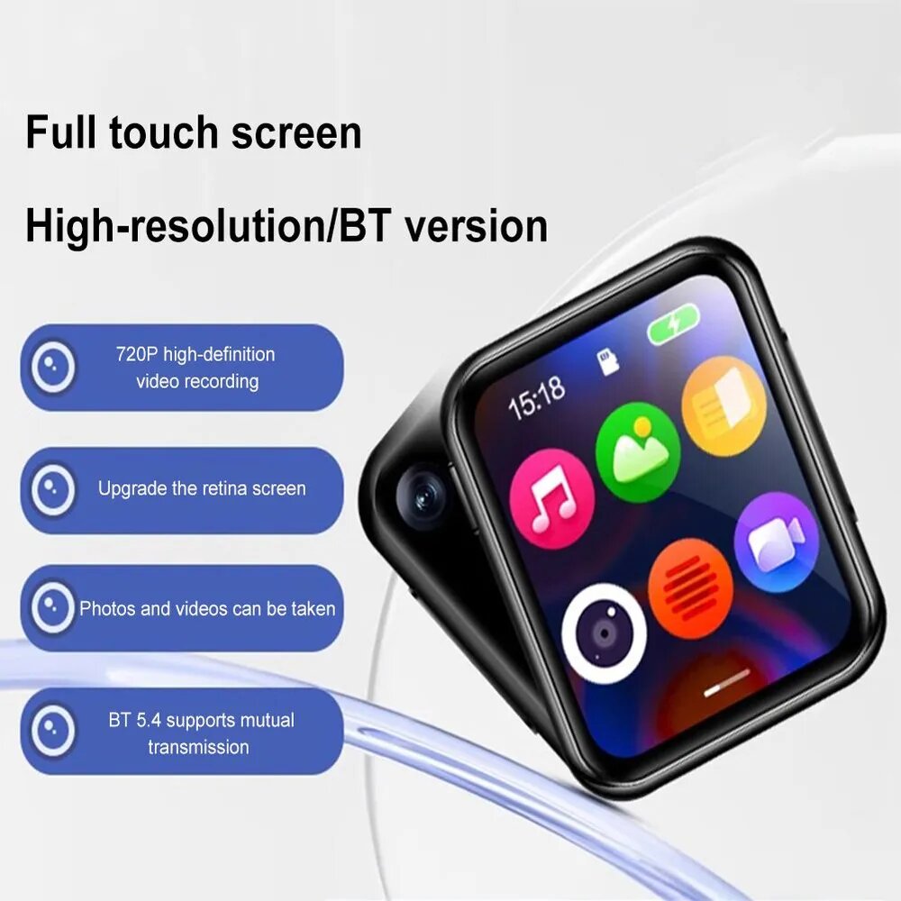 MP3-плеер без диска, черный, Bluetooth 5.4, FM-радио, сенсорный экран 1,96 дюйма, камера, будильник — фото 1