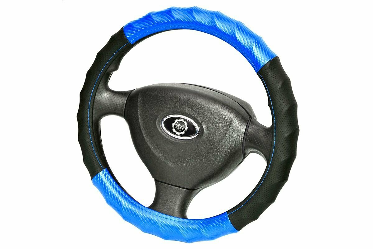 Оплетка на руль для автомобиля Geely Emgrand EC7, MK, Emgrand X7, GC6, CK / Джили МК Кросс и др, в черном цвете с синим, Искусственная кожа