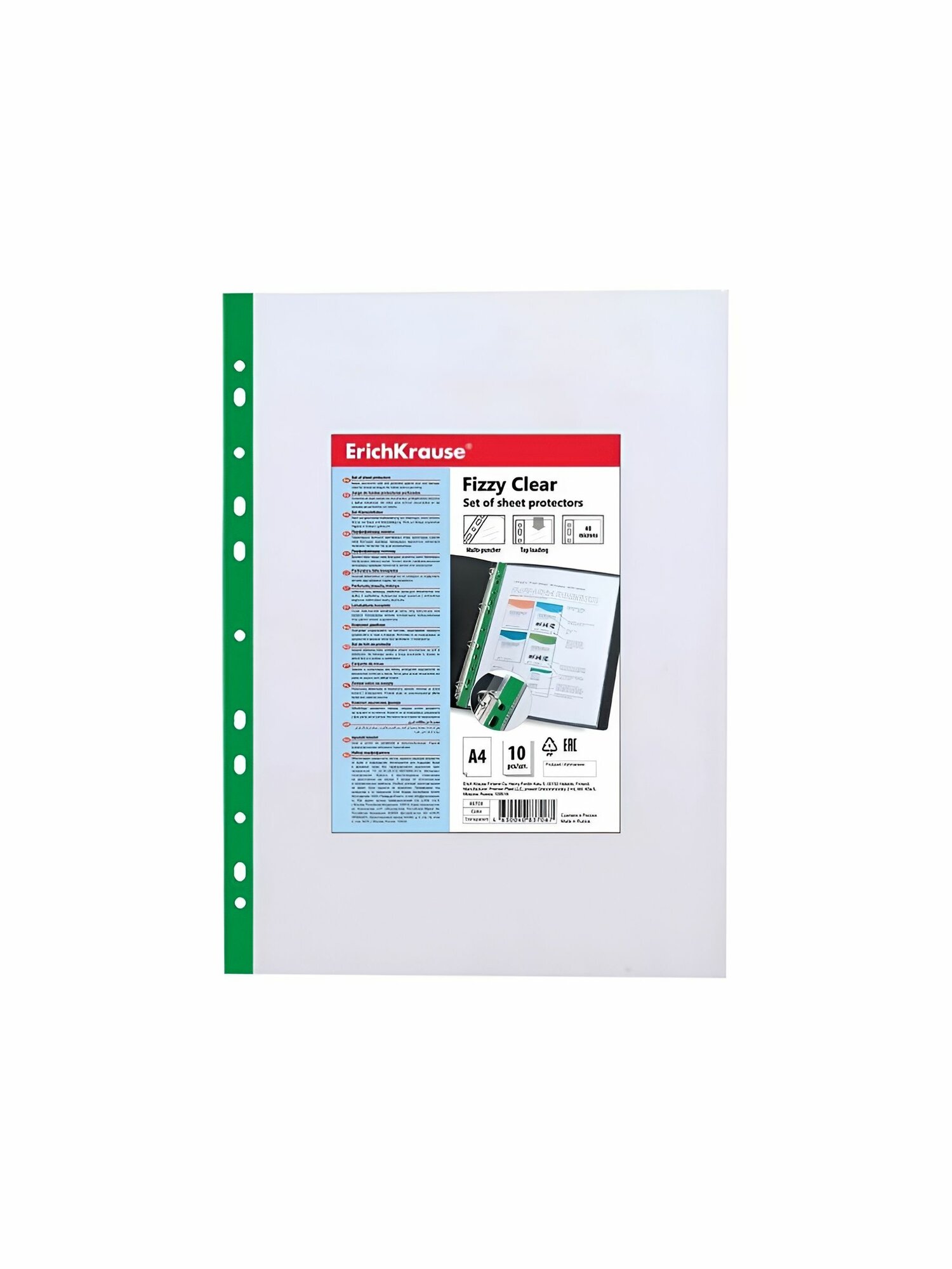Набор файлов Fizzy Clear А4 перфофайл 10 мкм с зеленой полоской 10 шт