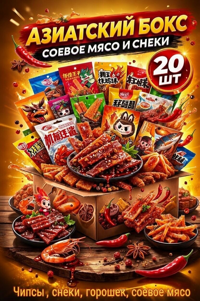 Соевое мясо китайское острое, снеки, чипсы, горошек, бокс 20 штук