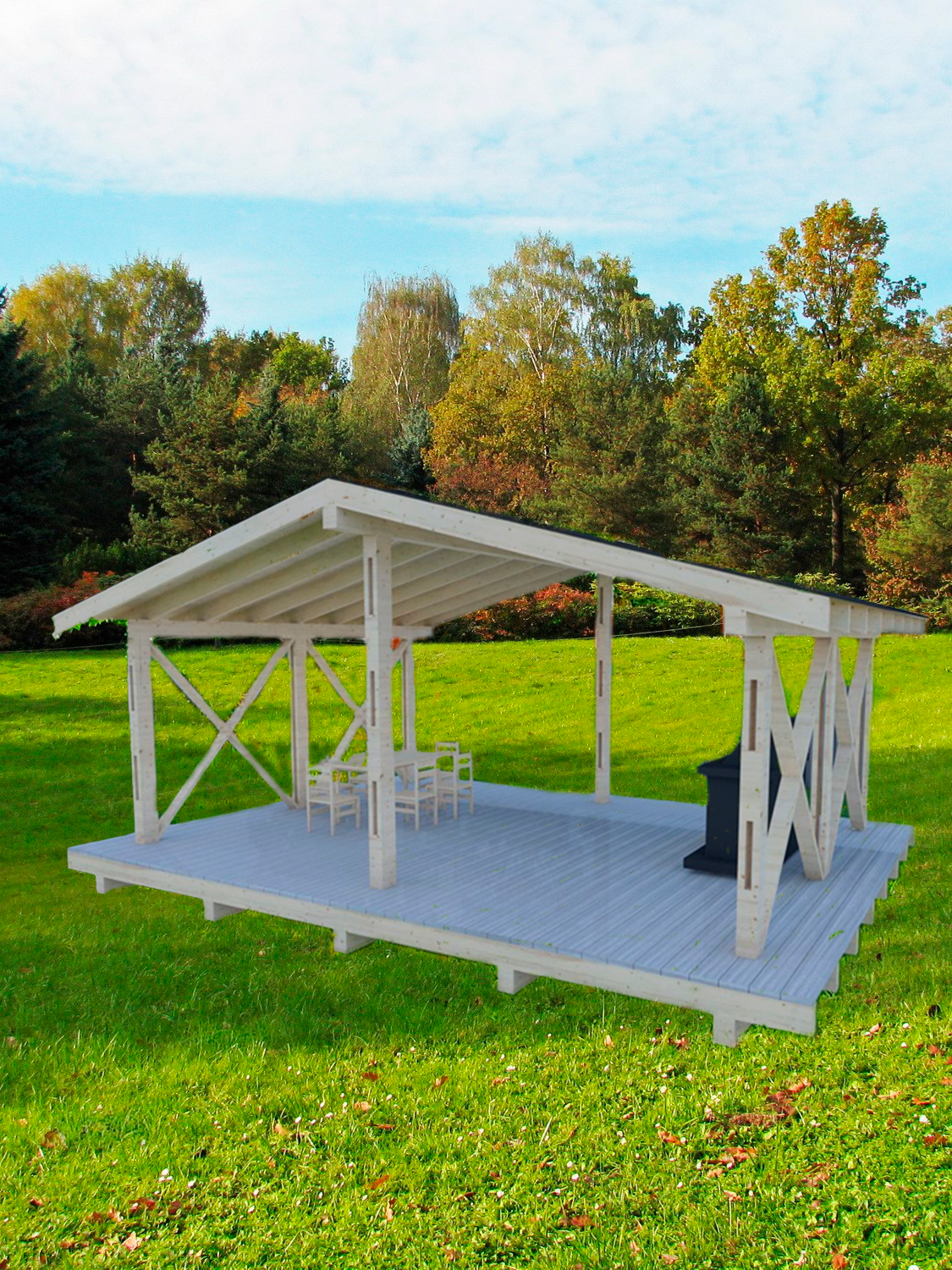 Проект каркасной беседки 6,0х8,0 м открытого типа с мангальной зоной