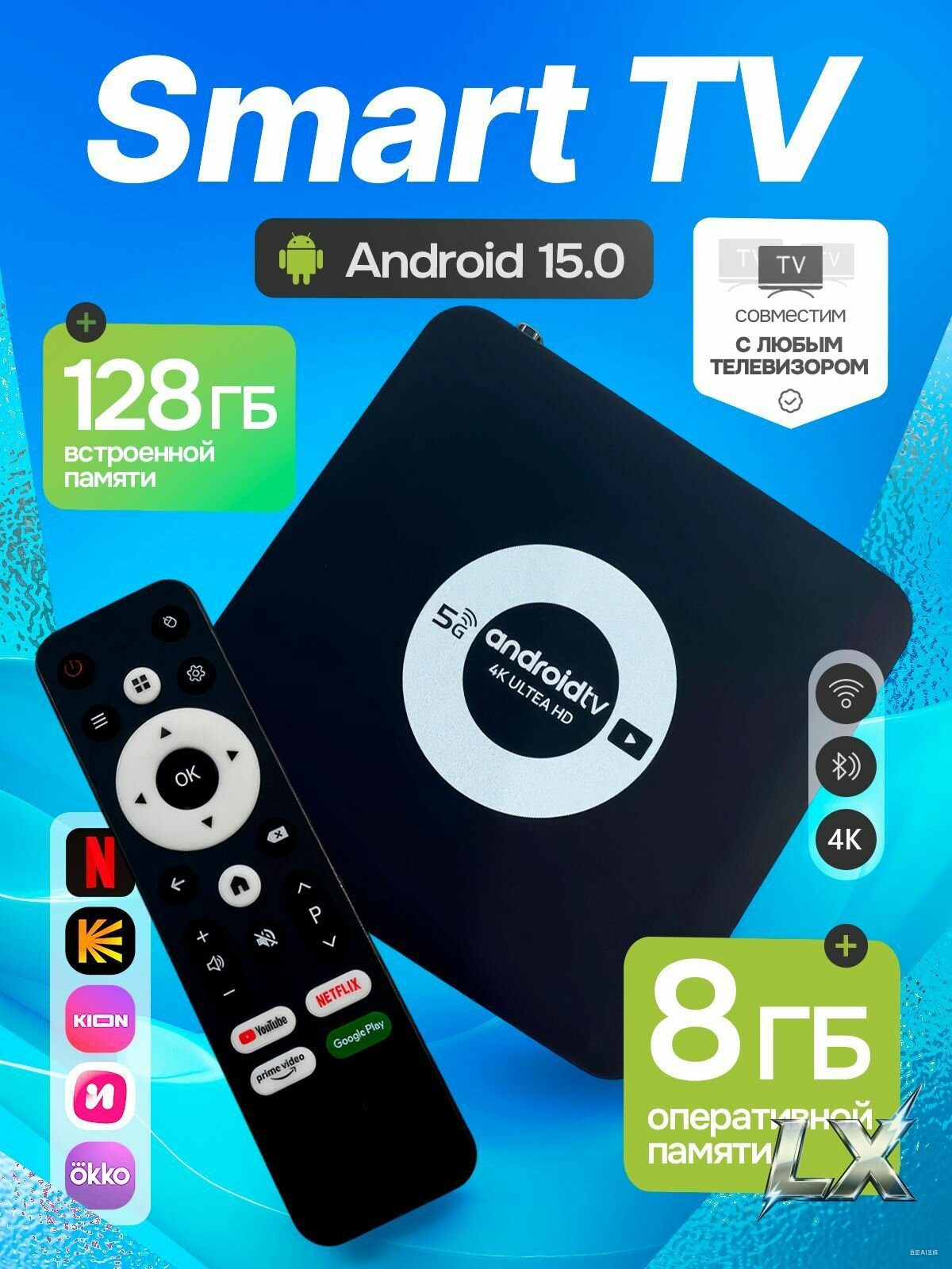 ТВ приставка Android TV 8K Ultra HD Смарт ТВ приставка с 8 ГБ RAM, 128 ГБ памяти, Медиаплеер