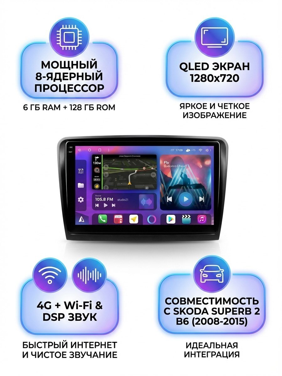 Штатная магнитола Шкода Суперб 2 (Skoda Superb 2 B6) 2008-2015 на Android 14, WiFi + 4G, CarPlay