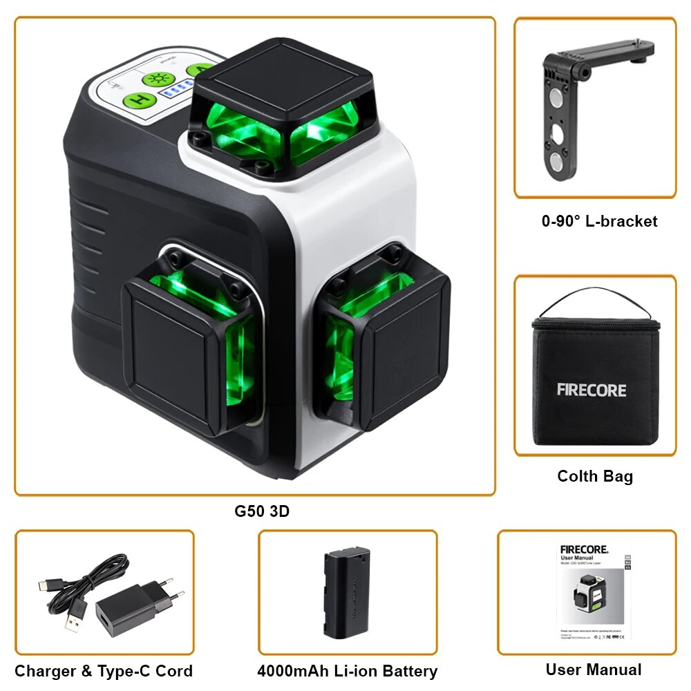 FIRECORE F94T-XG/F95T-XG/F95T-4G/G20/G30/G50/G60 Зеленый лазерный уровень 360 3D/4D 16/12/5/2 линии