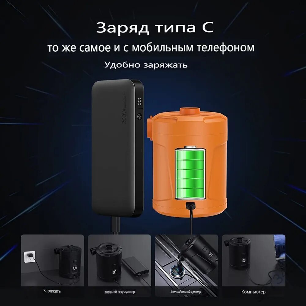 Электрический насос EAFC для надувания матрасов, лодок, мячей, 4 насадки, оранжевый — фото 1