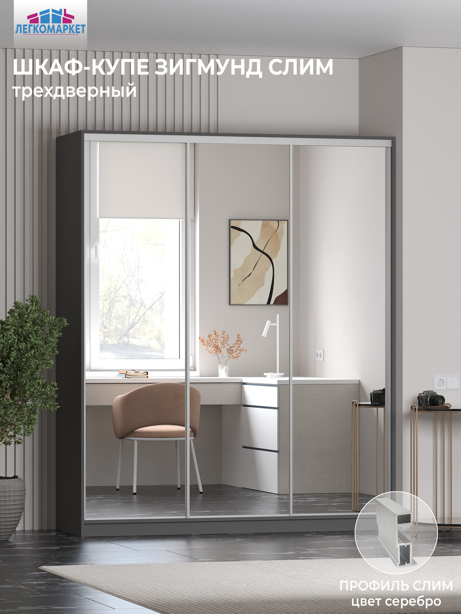 Шкаф-купе Зигмунд Слим 3 220-45-220, цвет графит, профиль серебро, наполнение белье-платье-белье
