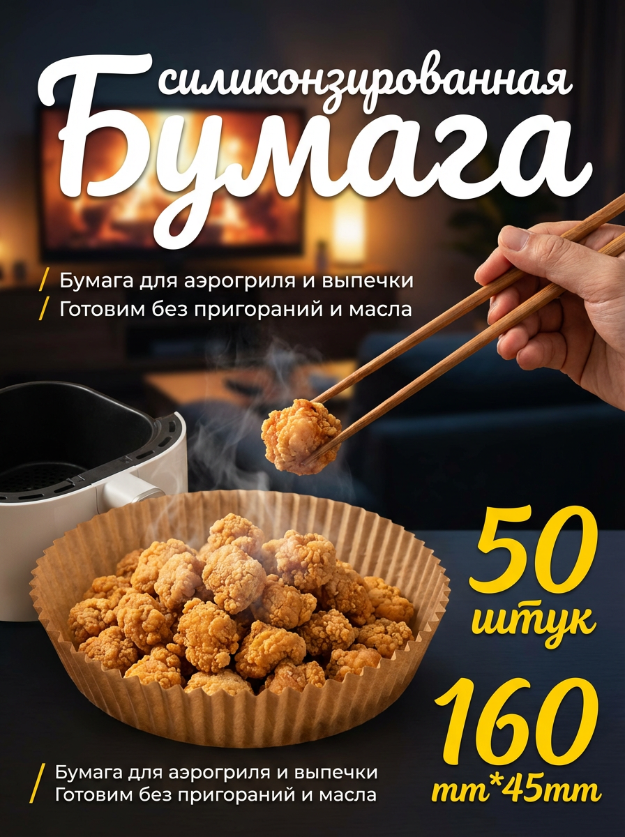 Пергамент вкладыш для аэрогриля, пергаментная бумага для выпечки, форма для выпечки бумажная, цвет бежевый, 20 см, 50 шт