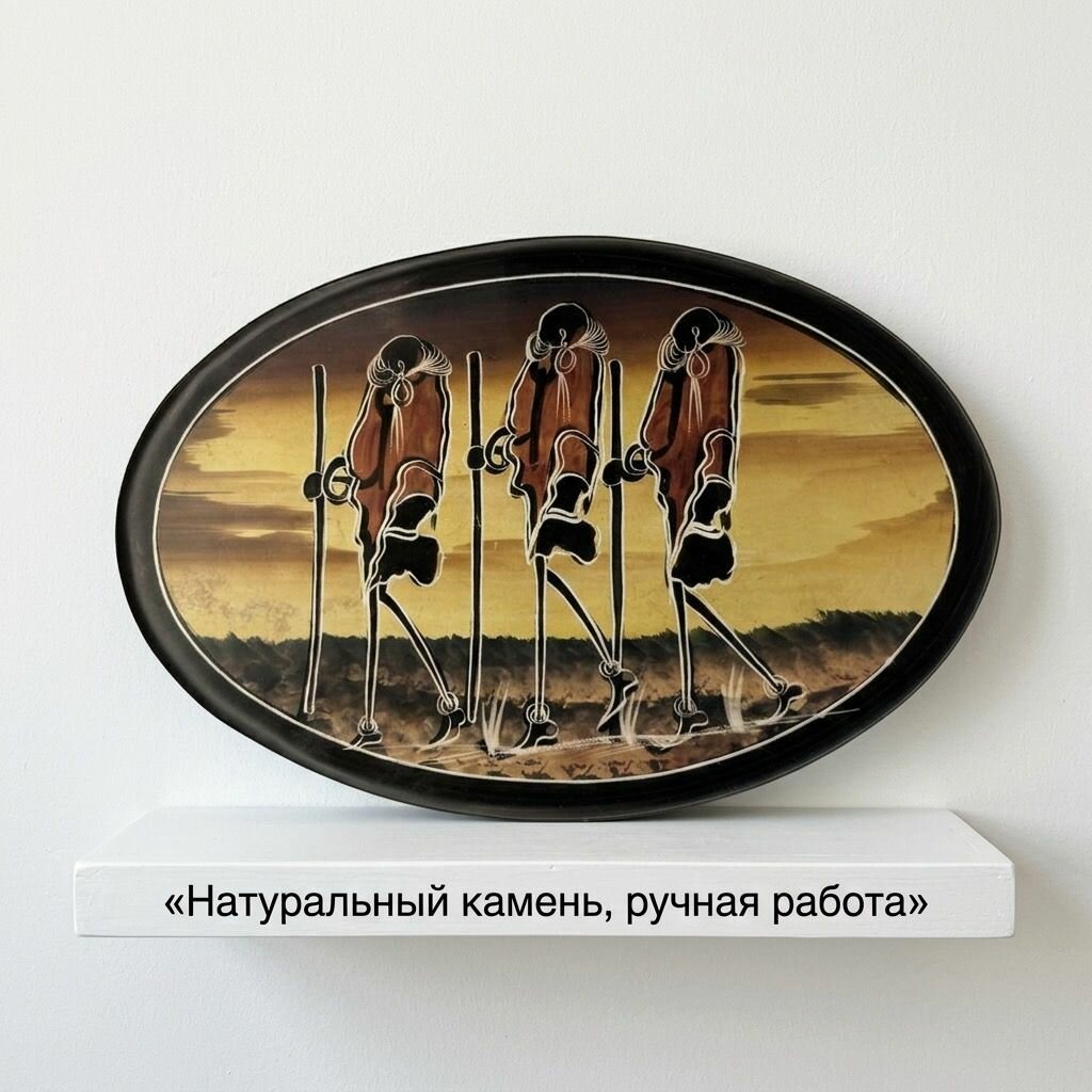 Каменная декоративная тарелка Ручной Работы "Африканские войны в полдень" (20 см, Африка, ручная работа)