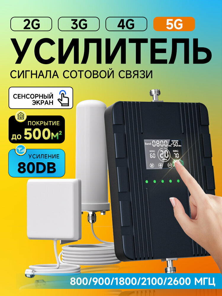 Усилитель сотовой связи и интернета, Репитер 2G 3G 4G 5G, Полный комплект с репитером и 2 антеннами.