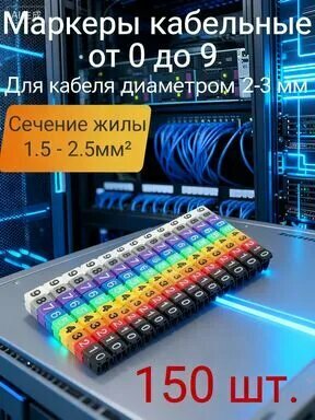 Маркеры для проводов и кабелей в виде клипс с маркировкой от 0 до 9, совместимы с кабелями диаметром 2-3 мм и сечением жилы 1.5-2.5 мм, просты в установке
