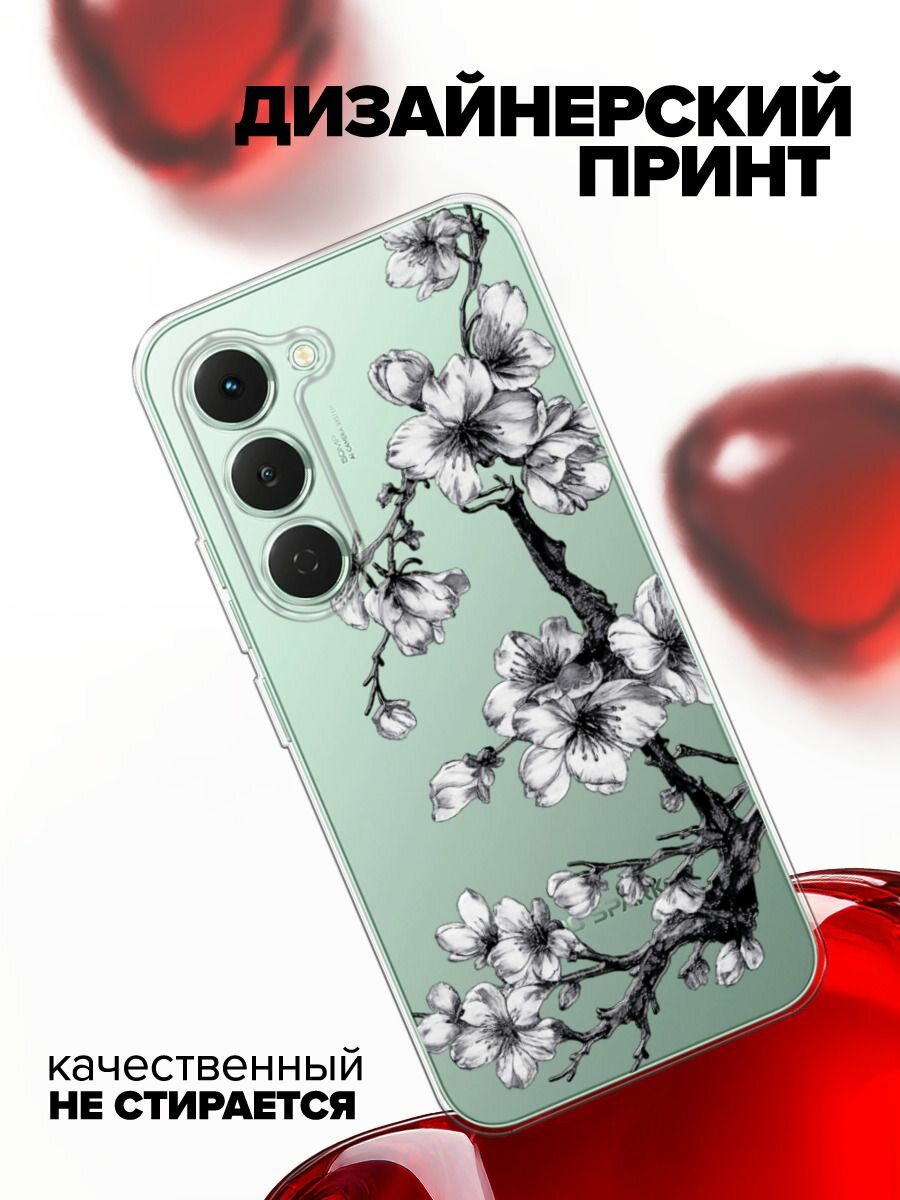 Силиконовый чехол на Tecno Spark 40 Pro / Текно Спарк 40 Про с принтом Ветка сакуры серая — фото 1
