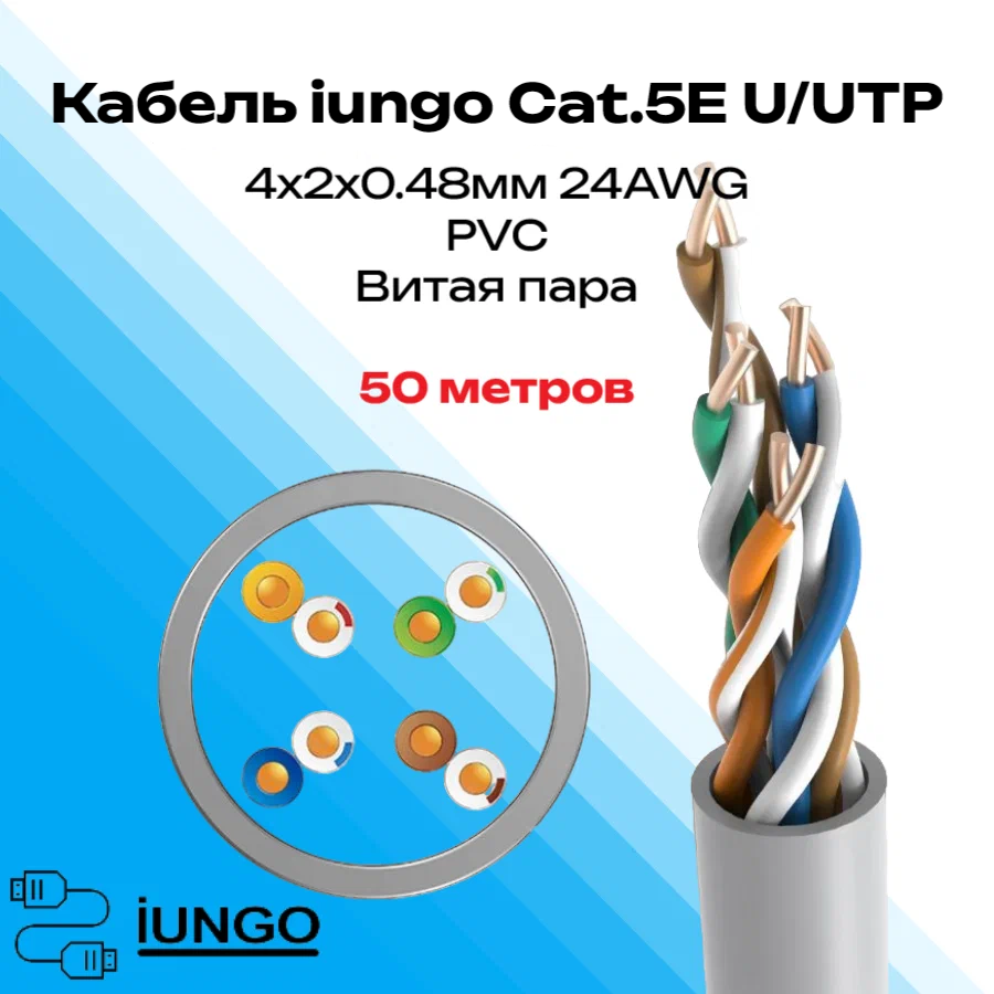 Кабель iungo Cat5E U/UTP 4x2x0.48мм PVC 50 метров, Zhaolong