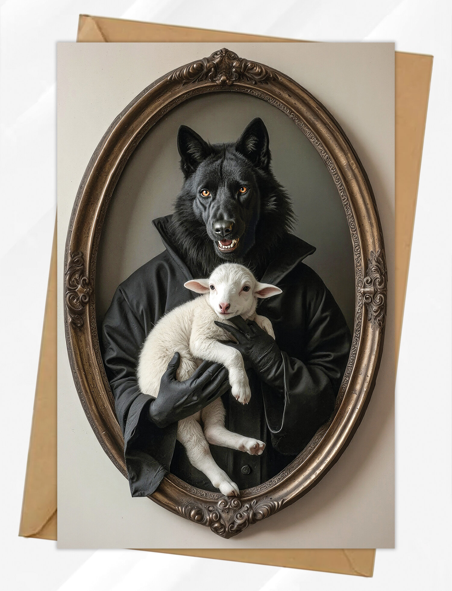 Открытка с конвертом, двусторонняя, под рамку 10х15см, подставка, "Волк и овца"