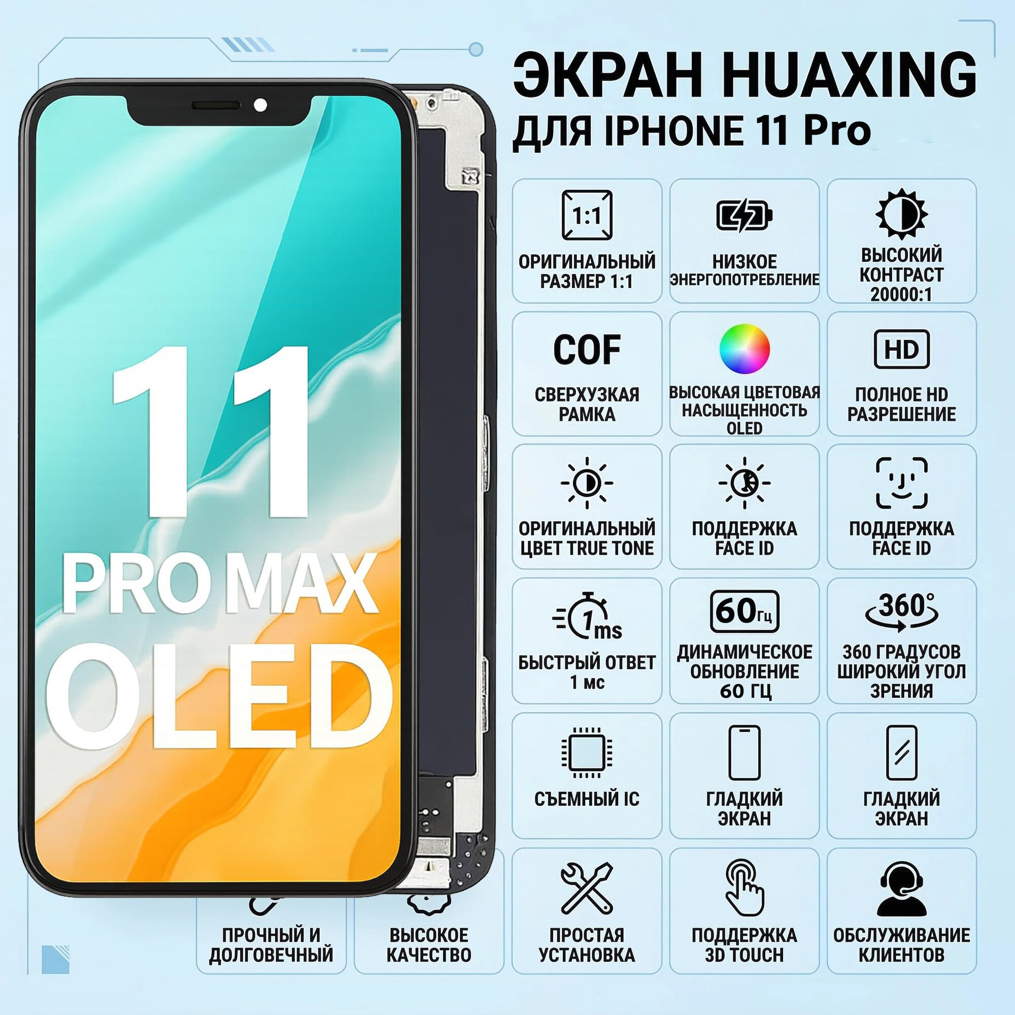 Гибкий OLED-экран-замена для iPhone 11 Pro: 60 Гц, рамки 0.9 мм, высший китайский класс