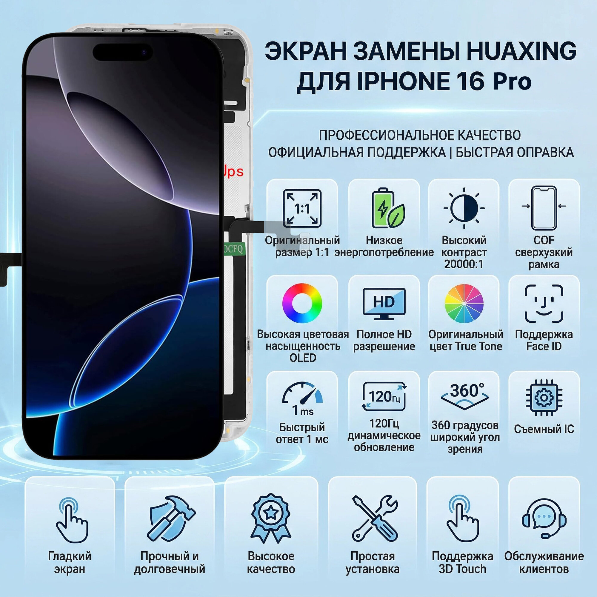 Гибкий OLED-экран-замена для iPhone 16 Pro: 120 Гц, рамки 0.9 мм, высший китайский класс