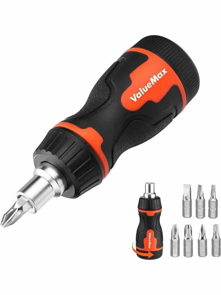 Трещоточная отвертка ValueMax 8-в-1, короткая, магнитная, быстрая замена бит, с головкой на 1/4"
