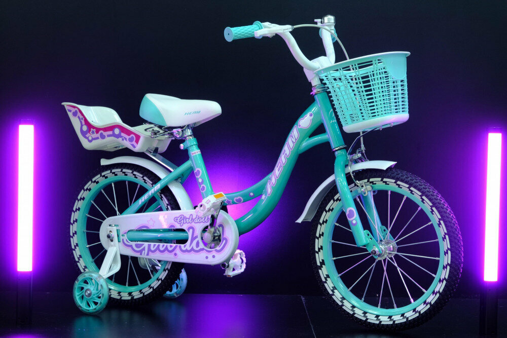 Велосипед детский HEAM Girl Doll 14, светло голубой/розовый, для девочек ростом 95–110см, стальная рама, тормоз ножной