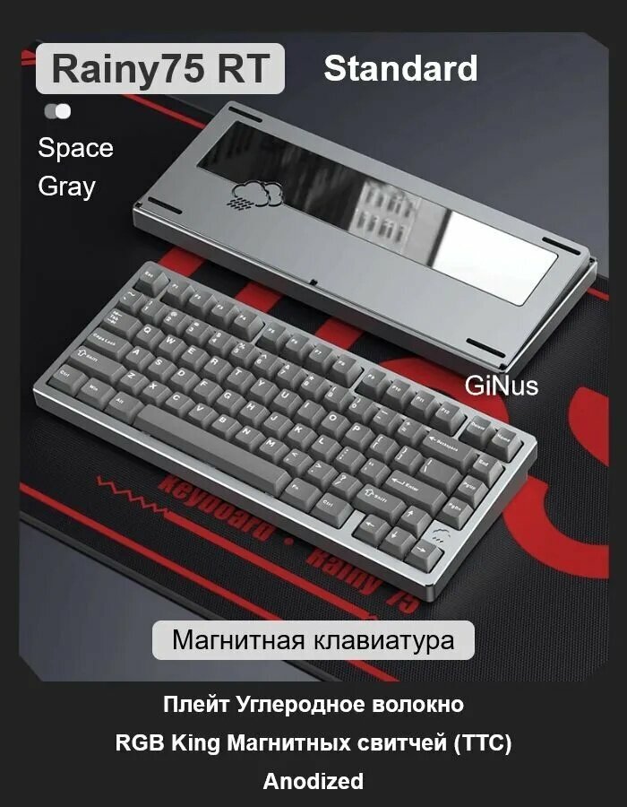 Игровая клавиатура проводная Rainy75 RT Standard, Space Gray, RGB King Магнитных свитчей ось, магнитная клавиатура, Английская раскладка, серый