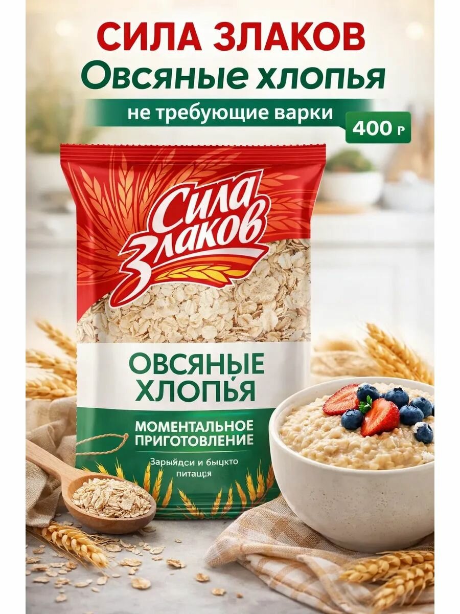 Овсяные хлопья Pastel "Сила злаков", не требующие варки, 400 г, цельнозерновой продукт