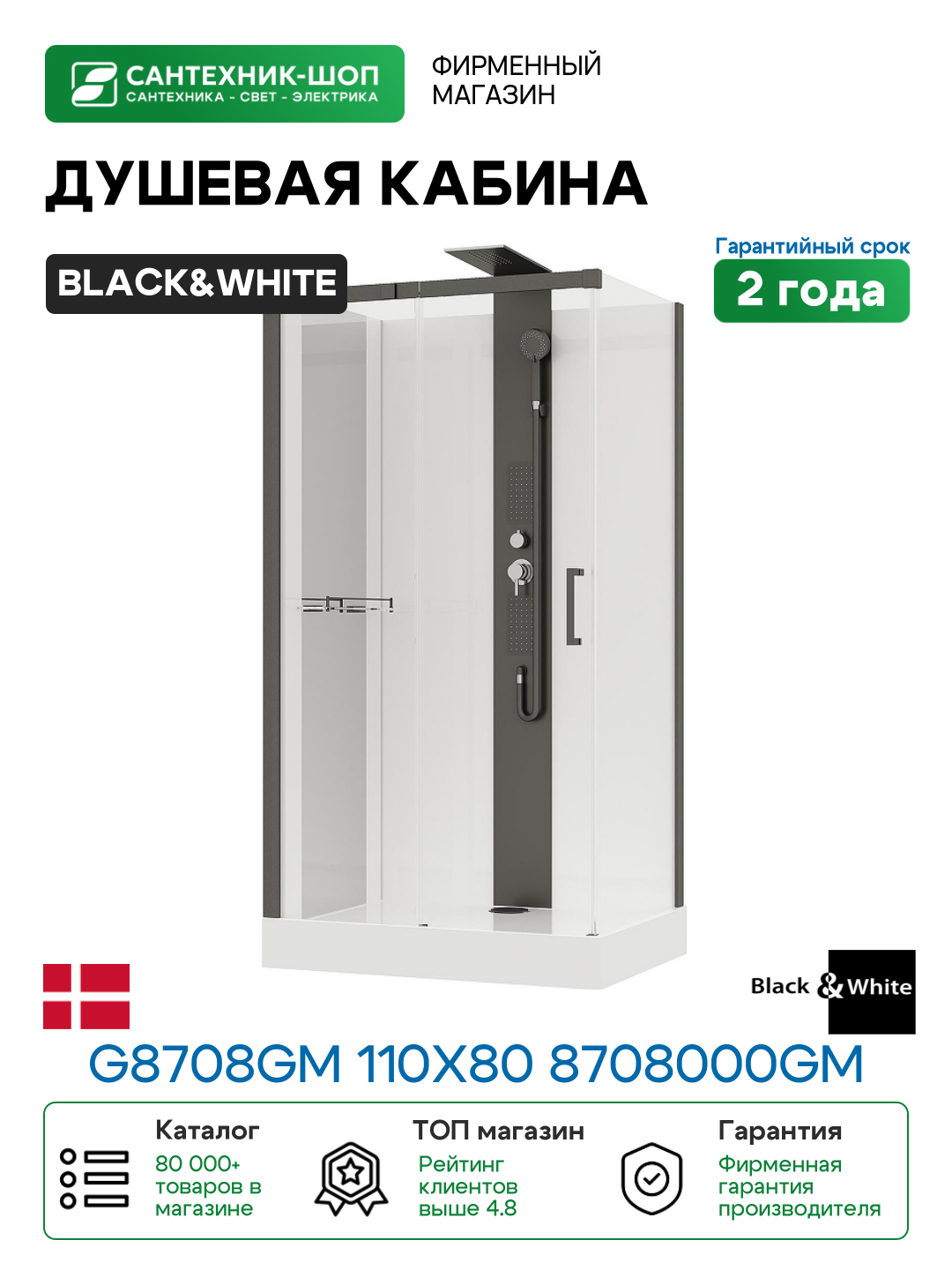 Душевая кабина Black&White G8708GM 110x80 8708000GM с гидромассажем