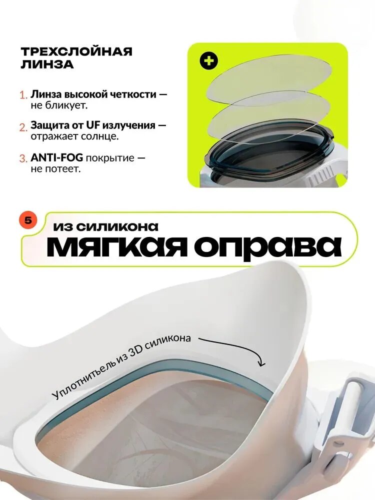 Очки для плавания Hubo Sport белые с широким углом обзора и регулируемым ремешком для мужчин и женщин — фото 1