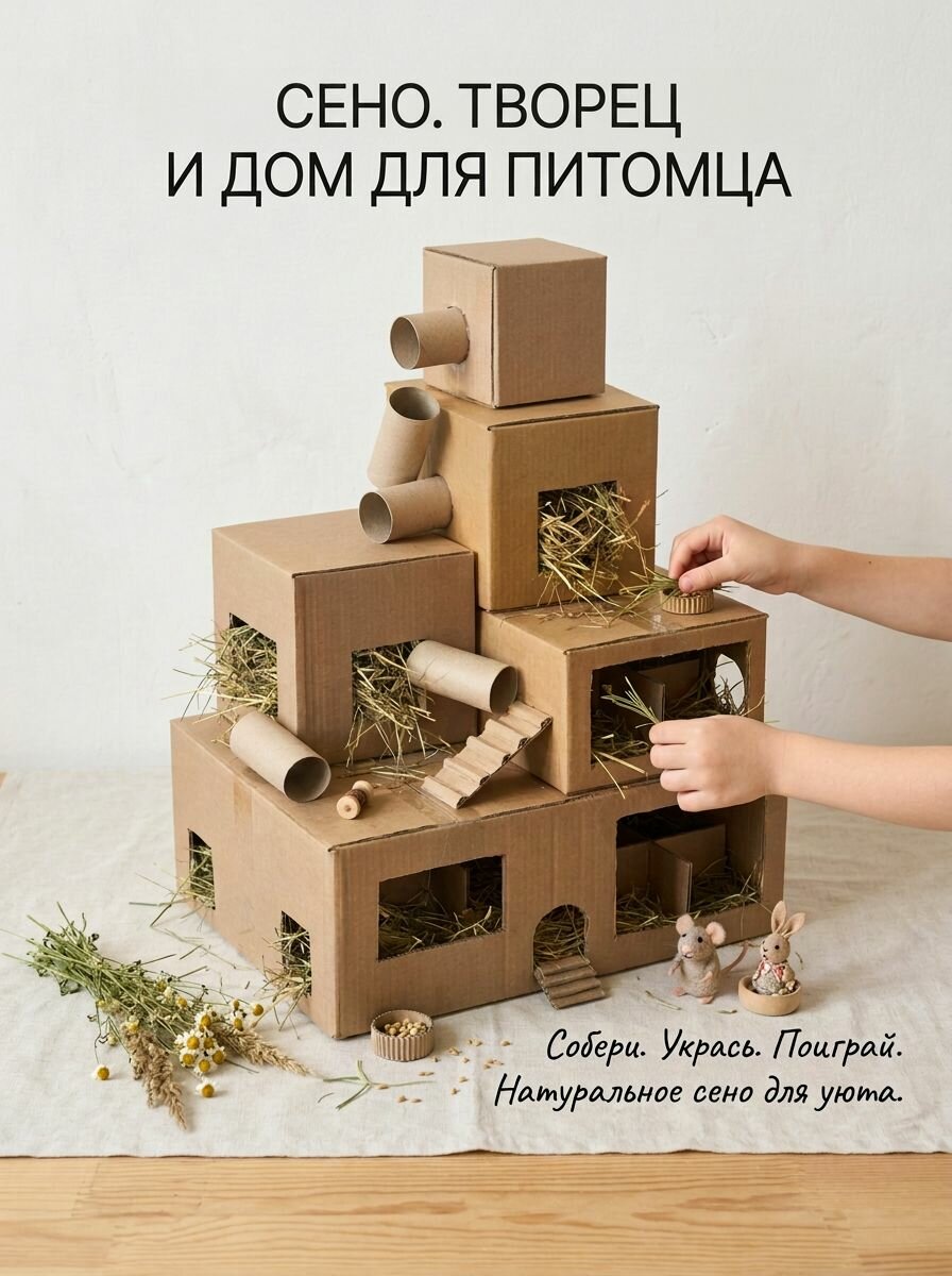 Сено разнотравье для грызунов в коробах / Конструктор домиков для кроликов и морских свинок 1150 г.