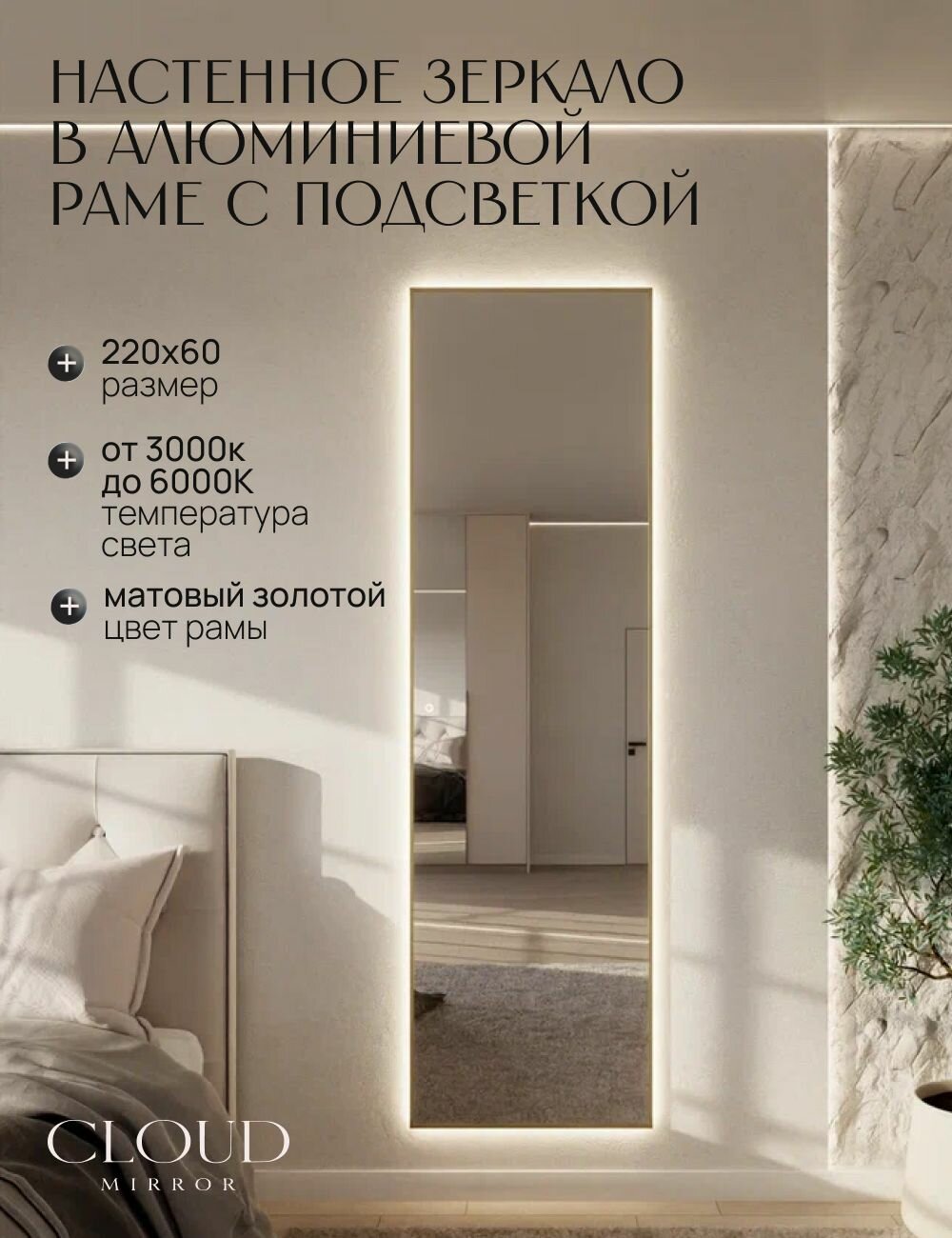 Зеркало 220х60 см. золото с подсветкой сенсорное в алюминиевой раме интерьерное настенное CLOUD MIRROR
