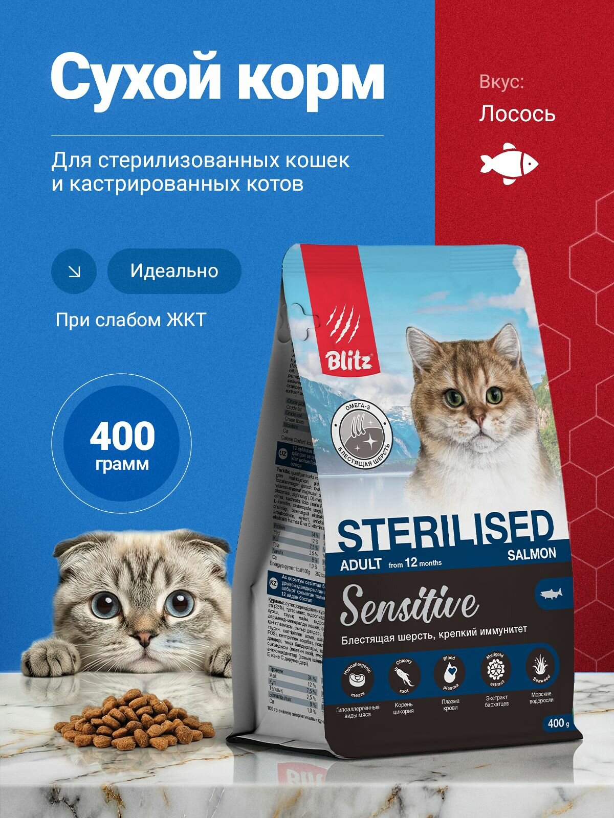 Сухой корм Blitz Sensitive с лососем для стерилизованных кошек всех пород, с чувствительным пищеварением, 400 гр