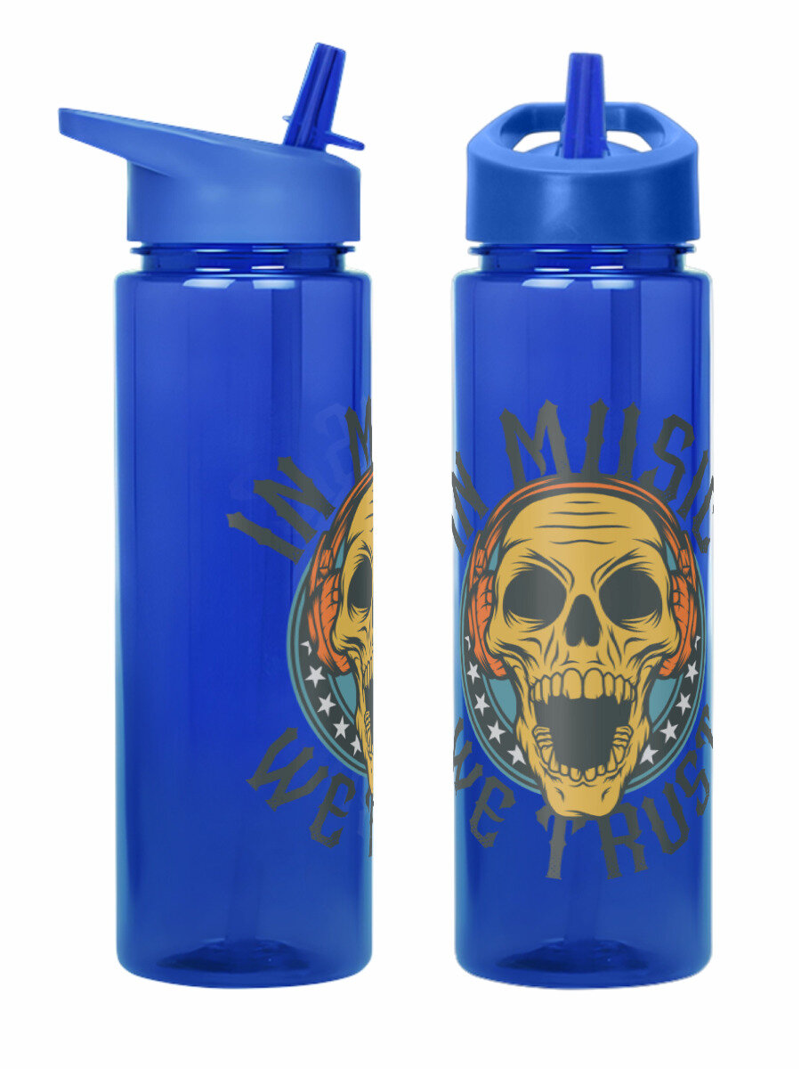 Бутылка синяя для воды с принтом Череп в наушниках, Мы верим в музыку. Скелет, рок