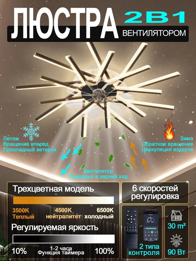 Люстра-вентилятор 2в1, 90 Вт, 30 м², 6 скоростей, 3 цвета, пульт ДУ, APP-управление, Черный