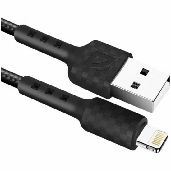 Кабель Defender F181, USB 2.0 (AM) - Apple Lightning (M), 1метр, 2.4А, нейлоновая оплетка, чёрный.