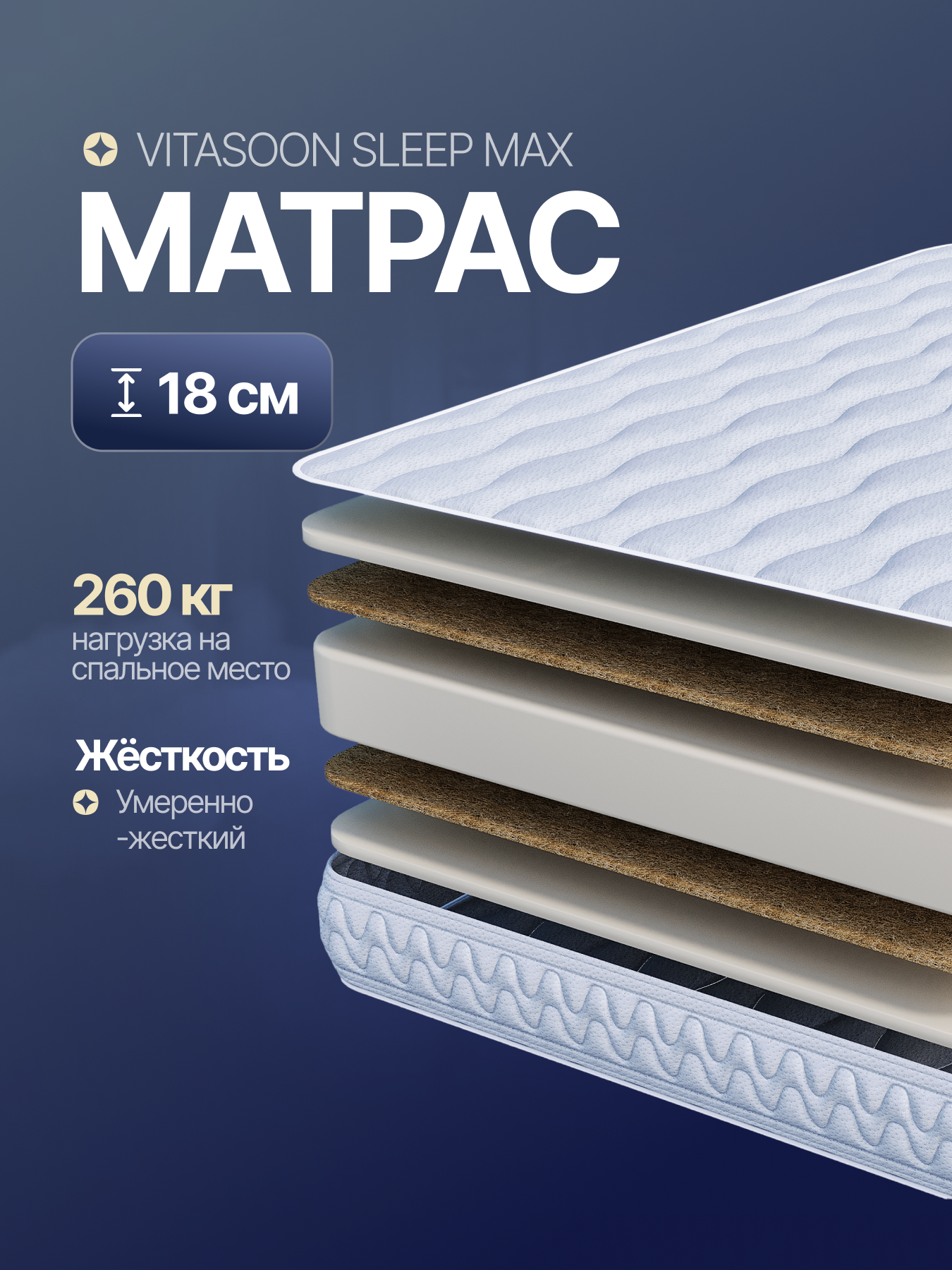 Матрас 80x190 беспружинный высота 18 см Vitasoon Sleep Max односпальный детский