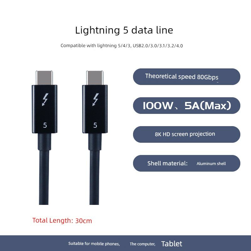 Коаксиальный кабель Thunderbolt 5 USB-C 30 см, передача данных 40 Гбит/с, зарядка 100 Вт для новых устройств