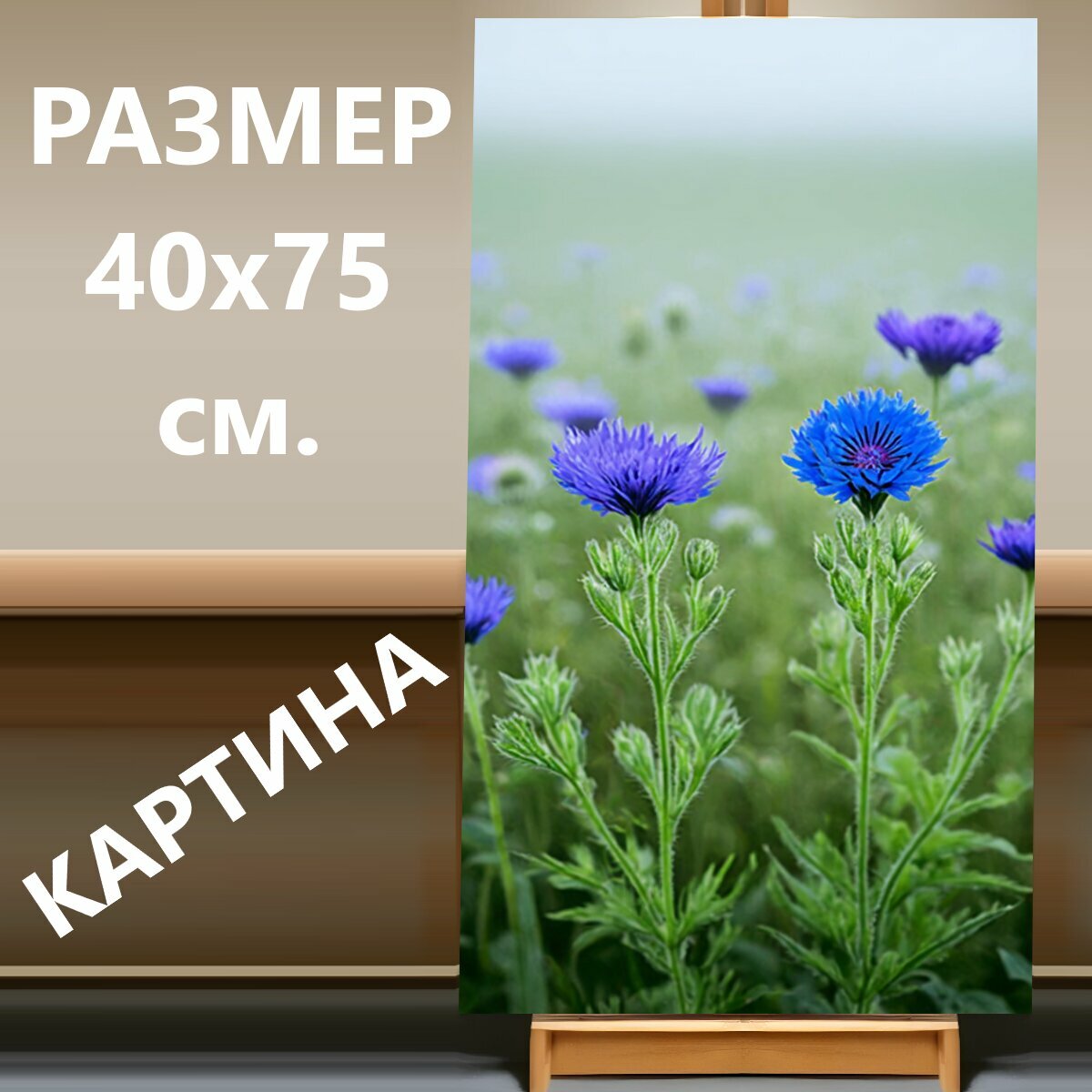Картина на холсте "Васильки в утреннем тумане" на подрамнике 75х40 см. для интерьера