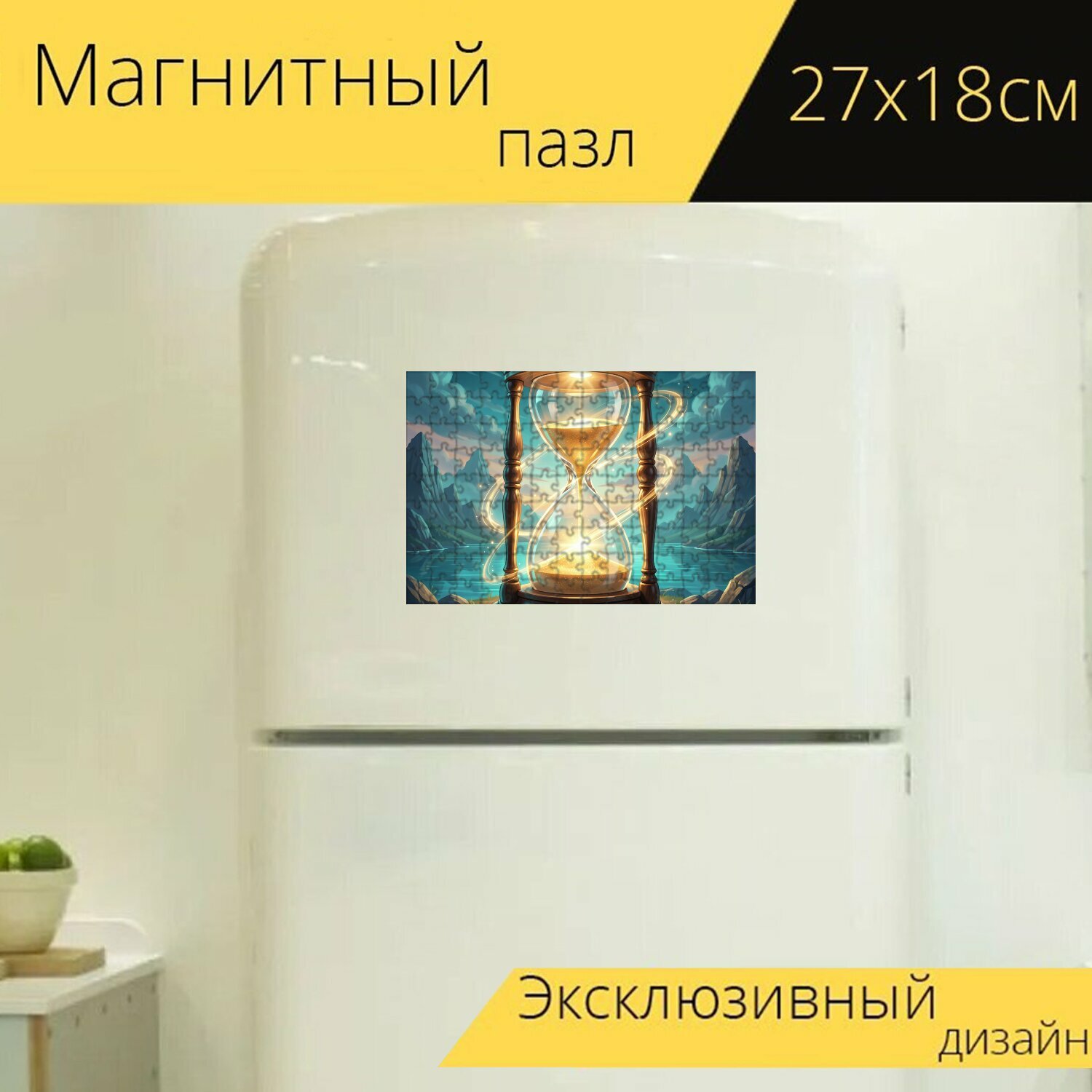 Магнитный пазл "Песочные часы в горном пейзаже. Фантазийная композиция с сияющим таймером на фоне озера, скал и облачного неба. Золотистые световые." на холодильник 27 x 18 см.
