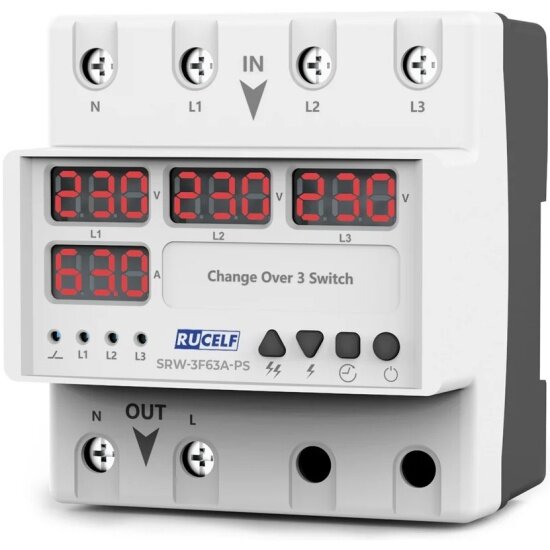 Реле напряжения Rucelf SRW-3F63A-PS, 3в1, с выбором фаз и с автоматическим переключателем