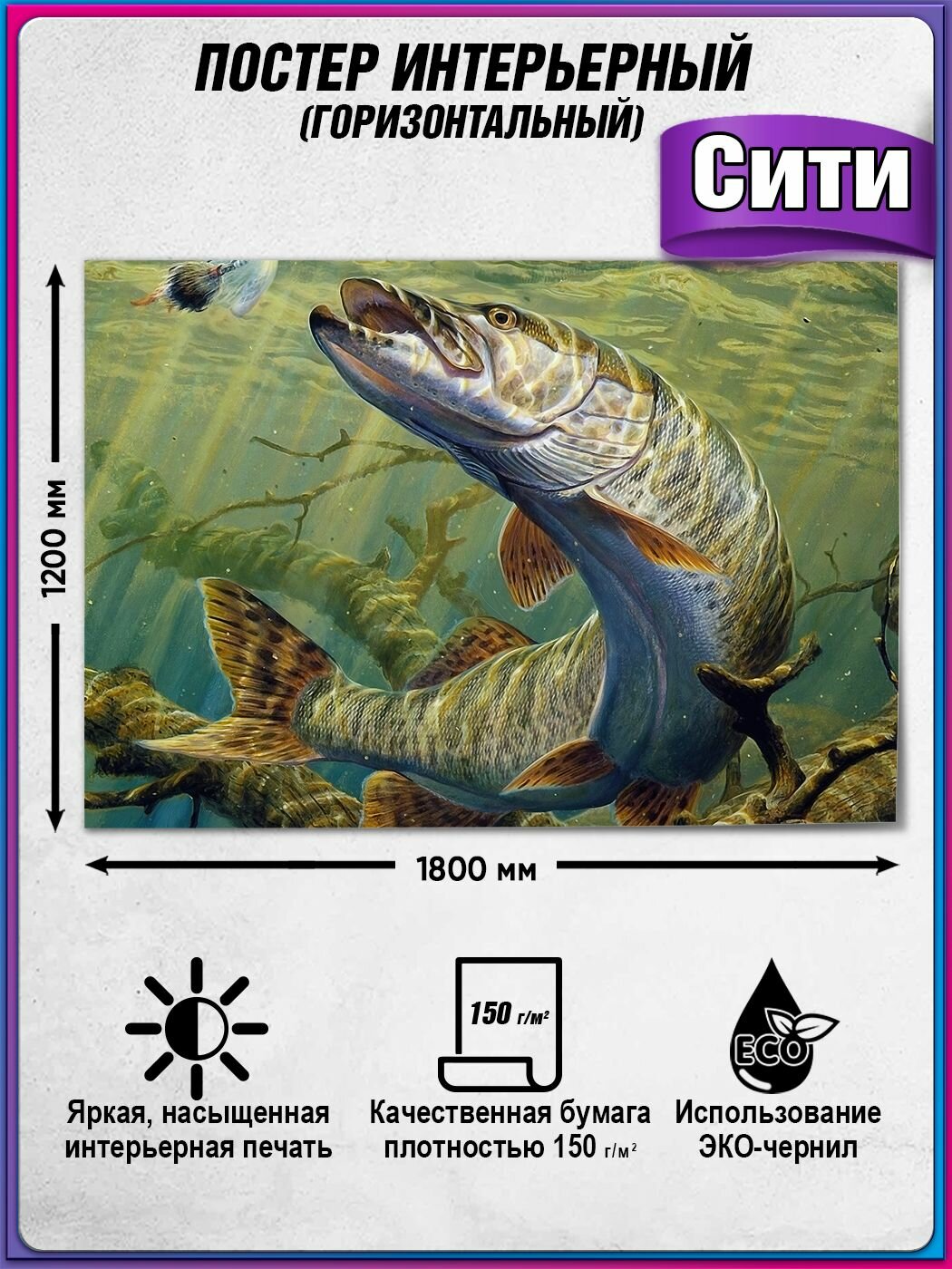 Постер интерьерный "Щука", плакат, подарок на День рыбака / Сити-формат (180x120 см.)