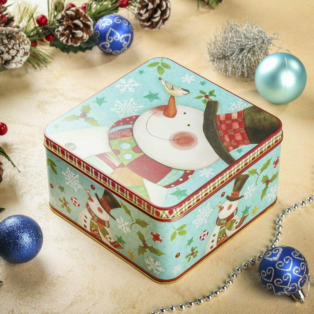 Подарочная коробка жестяная Снеговики 18х10 см, прямоугольная металлическая упаковка для подарков на Новый год Y4-8563