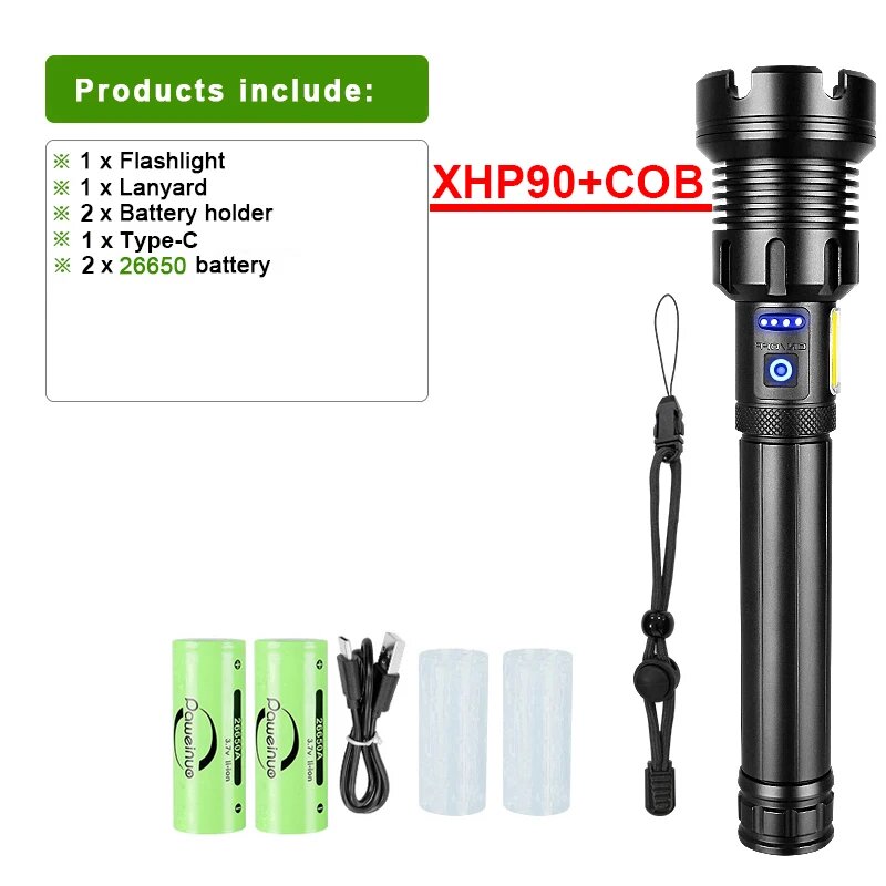 Перезаряжаемый тактический фонарь paweinuo XHP90 COB 26650 battery