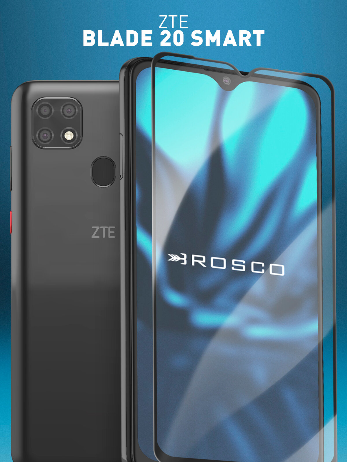 Защитное стекло Rosco на ZTE Blade 20 Smart (Зте Блейд 20 Смарт), с чёрной рамкой, 1 шт