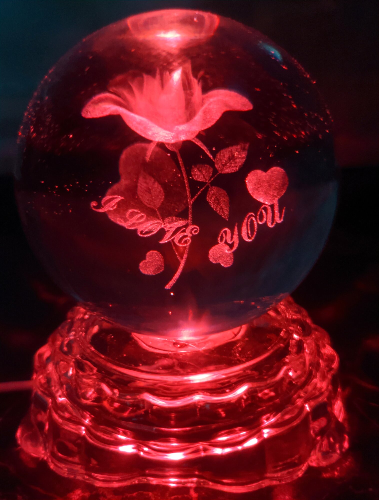 Ночник светильник 3D хрустальный шар 8см. Роза Любви "I love you"/RGB разноцветный смена цветов/Хрустальное основание/питание USB/Без блока питания