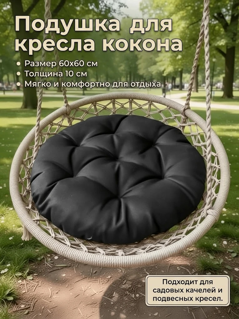 Подушка на подвесные качели BIO-TEXTILES "лофт", черная 60*60*10 холлофайбер