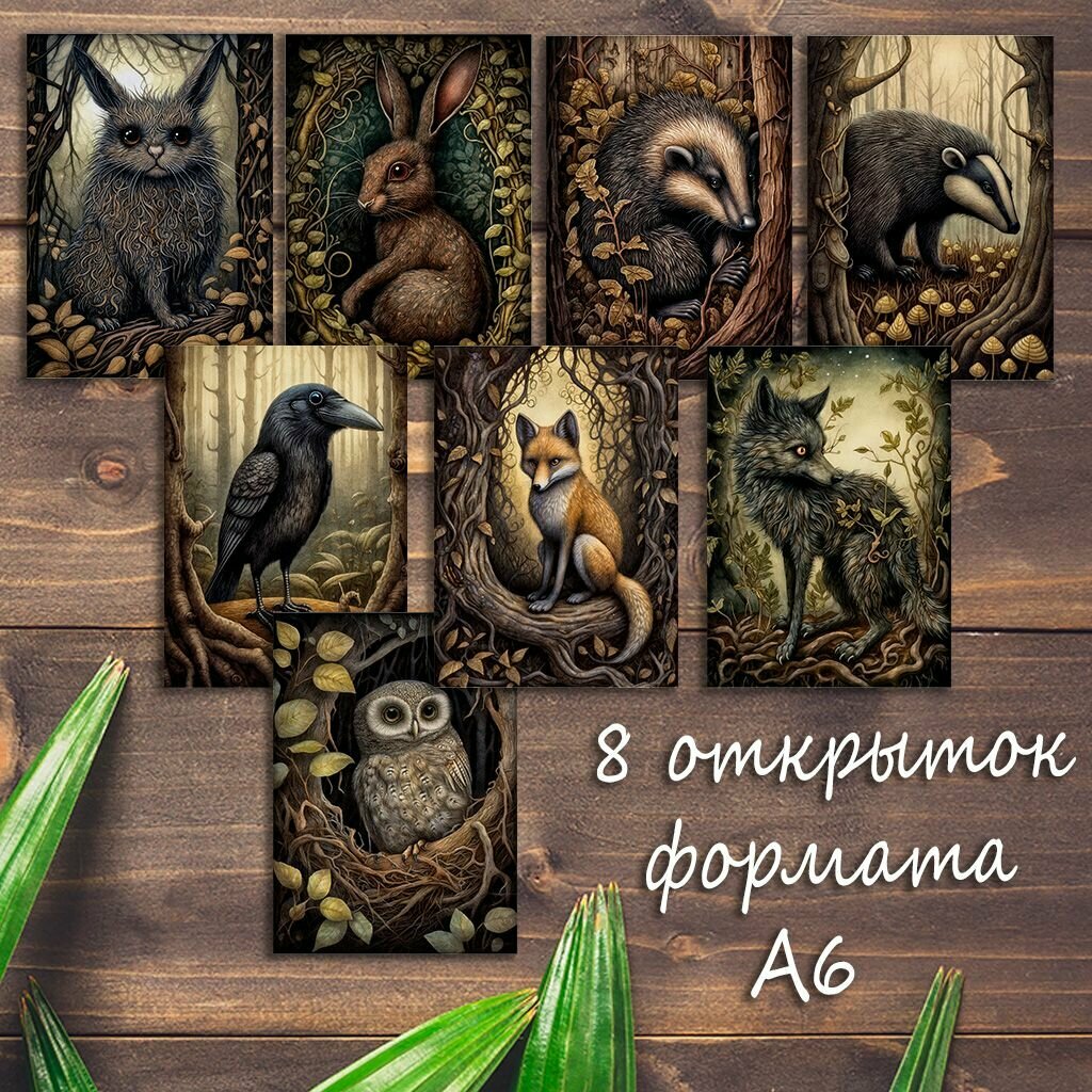 Большой набор открыток Животные, 8 штук