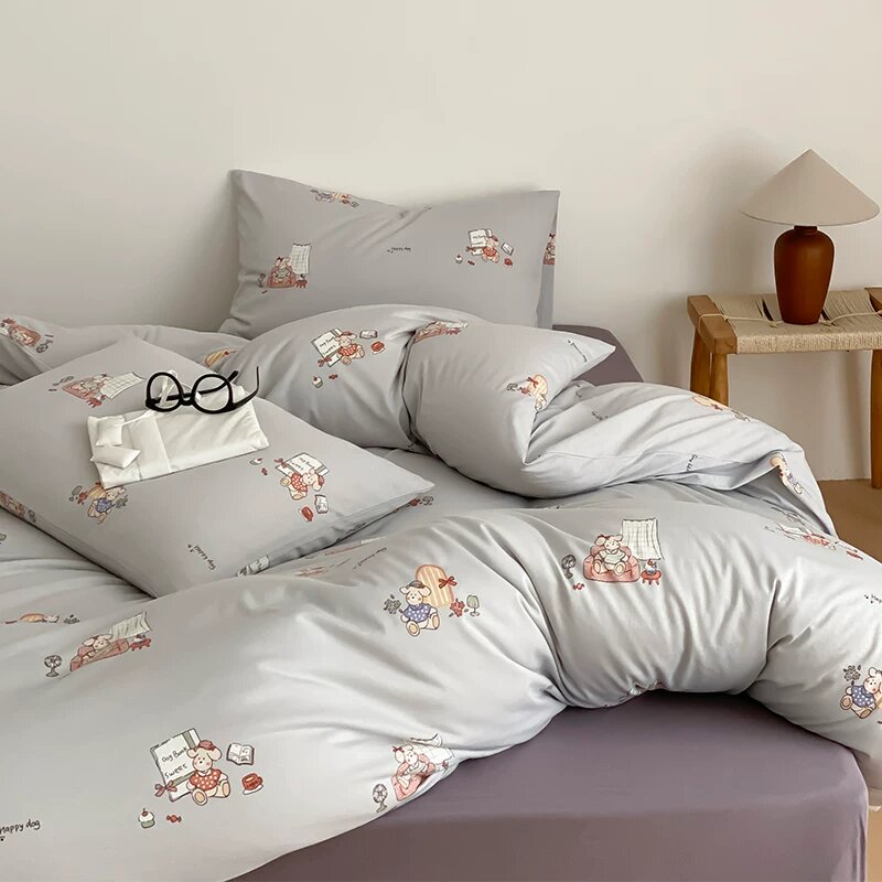 Набор простыней Minimal Kuma серого цвета из хлопка для кровати 1.2м, размер 150x200см, трехкомпонентный комплект,
