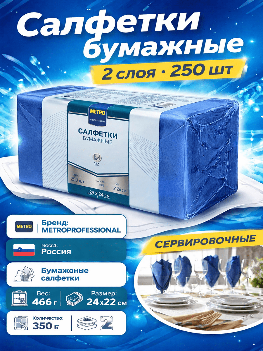 METRO PROFESSIONAL Салфетки бумажные 2 слоя синие 250шт, 24x24см
