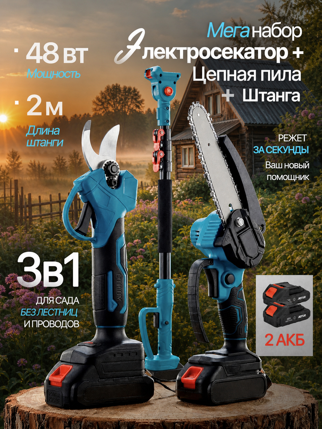 Секатор и пила со штангой, Высоторез аккумуляторный, Набор 3 в 1