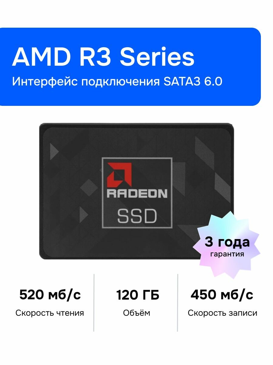 AMD 120 ГБ Внутренний SSD-диск R3 Series 2.5" SATA3, 2.5", SATA III 6 Гбит/с (R3SL0120G2)