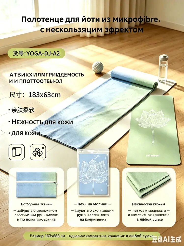 Полотенце для йоги нескользящее 183х63 см, коврик для фитнеса и пилатеса тонкий - спортивное полотенце из микрофибры в чехле