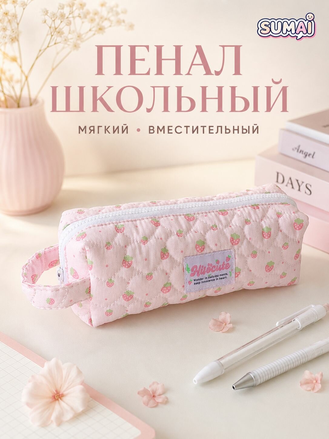Пенал школьный для девочек подростков, эстетичный розовый пенал для школы, вместительный органайзер для канцелярии на молнии